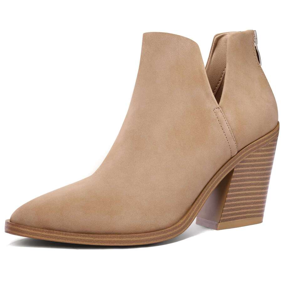 Women's Ankle Boots Slip On Cutout Pointed Toe Chunky Stacked Mid Heel ...