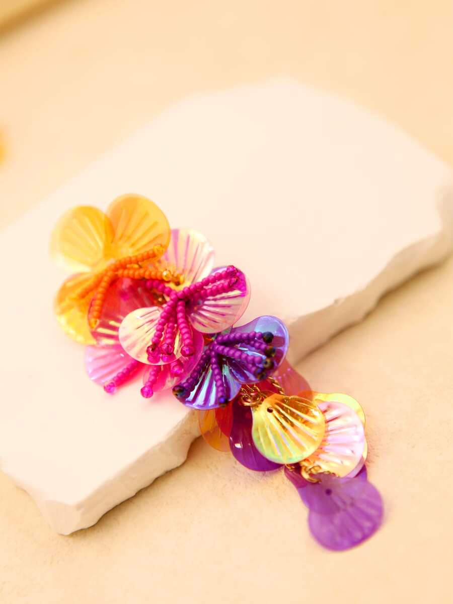 Colorful Hot Pink Shell Sequin Beaded Flower Drop Earrings Statement ...