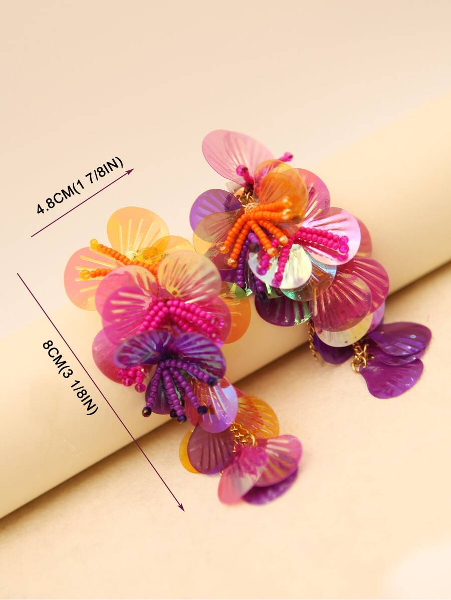 Colorful Hot Pink Shell Sequin Beaded Flower Drop Earrings Statement Earrings For Girl And Women ...