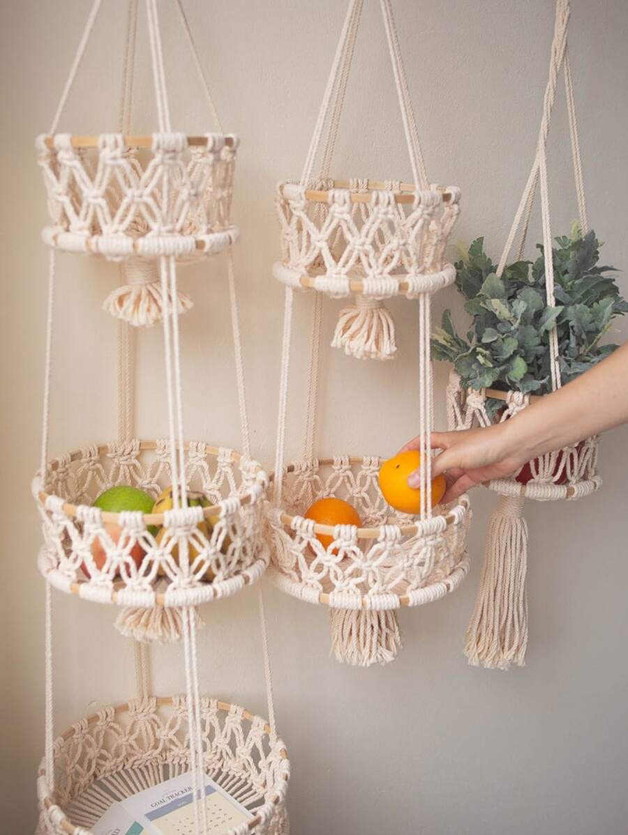 1pc Hand-Woven Hanging Basket Flower Pot Rope Decoration Storage Basket ...