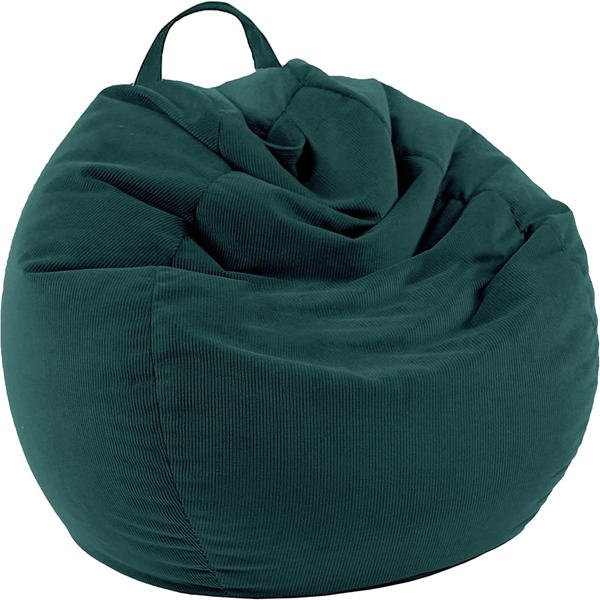 A green bean bag cover with large droplet shape to accommodate the sofa ...