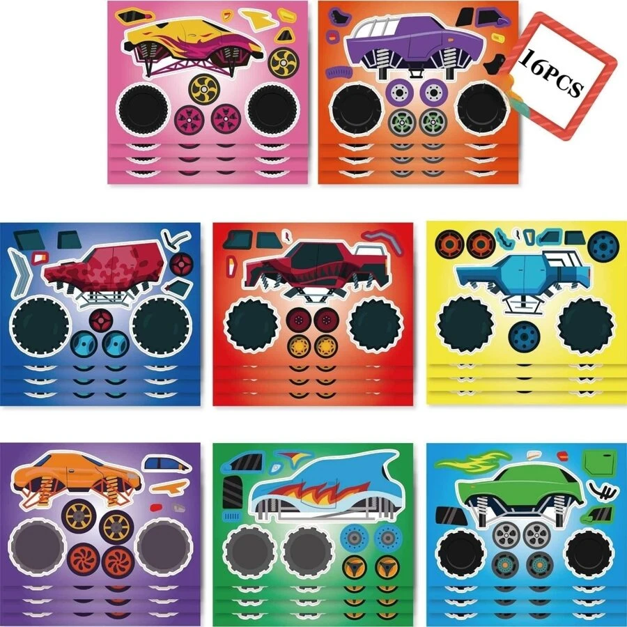 16 Pcs Make A Face Stickers For Kids, 8 Different Monster Truck Designs ...