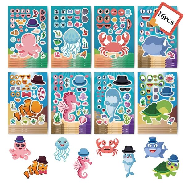 16 pcs Make a Face Stickers for Kids, 8 Different Sea Designs Stickers ...