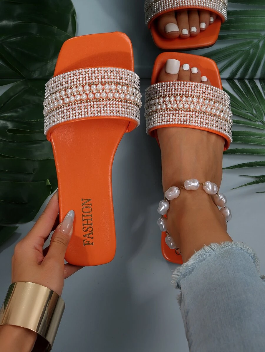 Plus Size Women's Beaded Flat Slide Sandals With Water Droplets Design ...