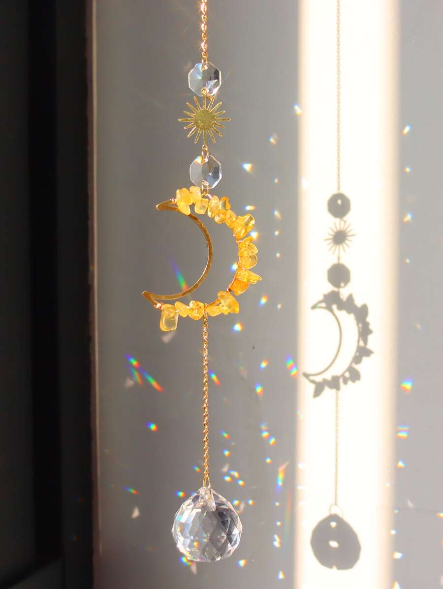 Natural Crystal Chip Hollow Moon & Octagonal Bead & Crystal Ball Wind ...