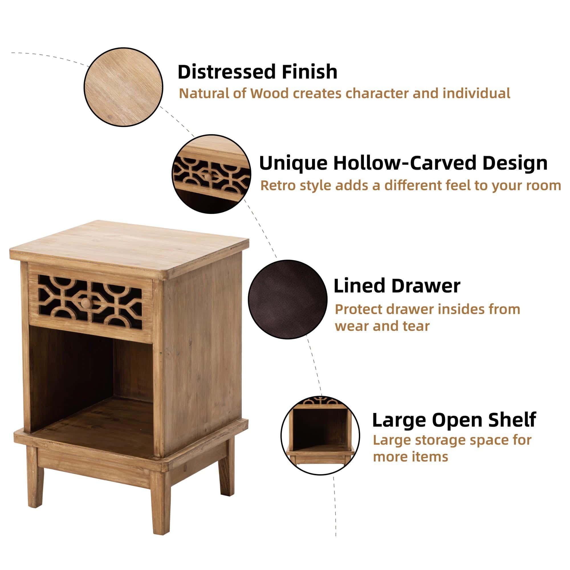 COZAYH Retro Rustic Nightstand Solid Fir End Table Side Table with Hand Carved Front and Open ...