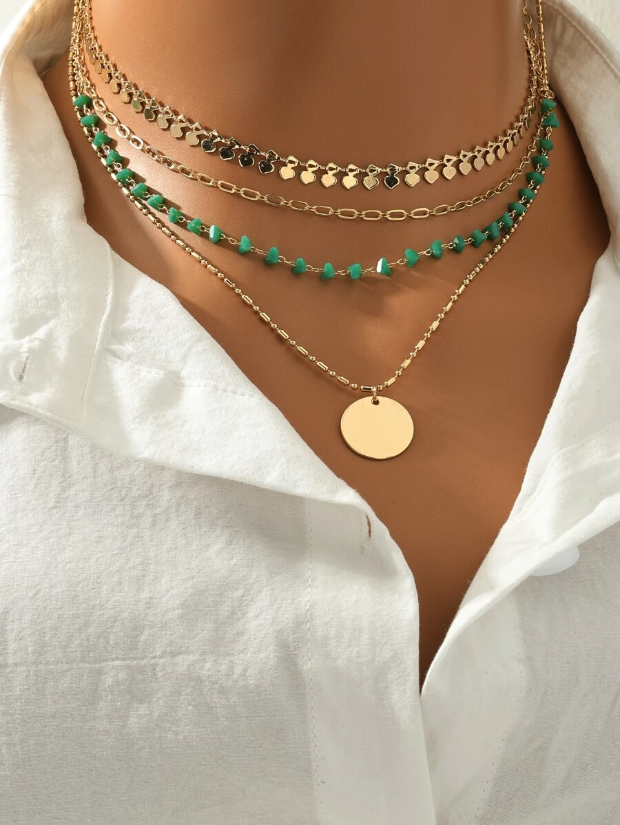 4pcs/set Fashionable Metal Bohemian Style Turquoise Pendant Necklace ...