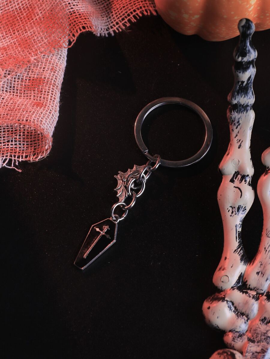 Street 1pc Metallic Gothic Style Coffin & Bat Shaped Keychain, Suitable ...