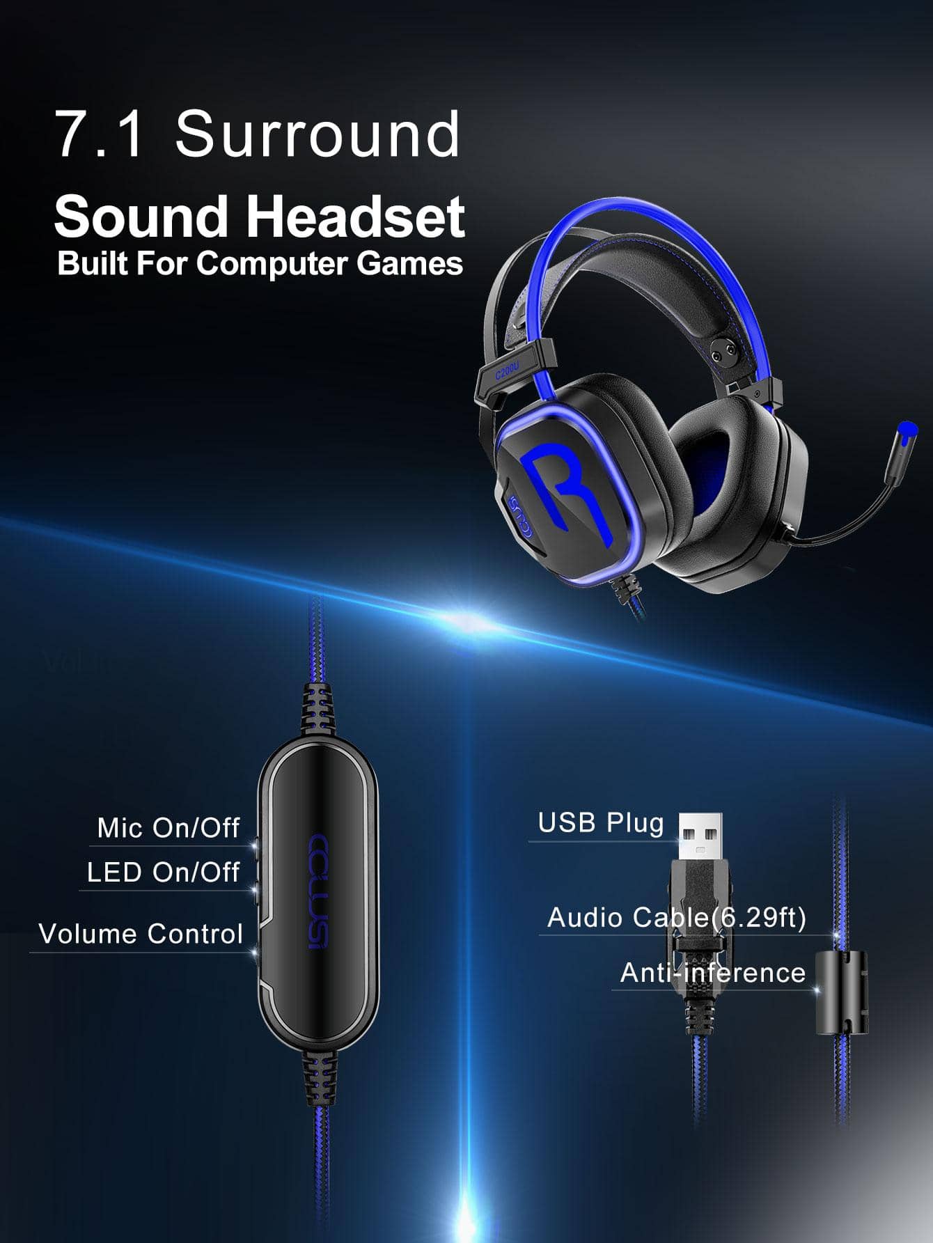 Colusi C200U Surround Sound Pro Gaming Headset with Noise Canceling ...