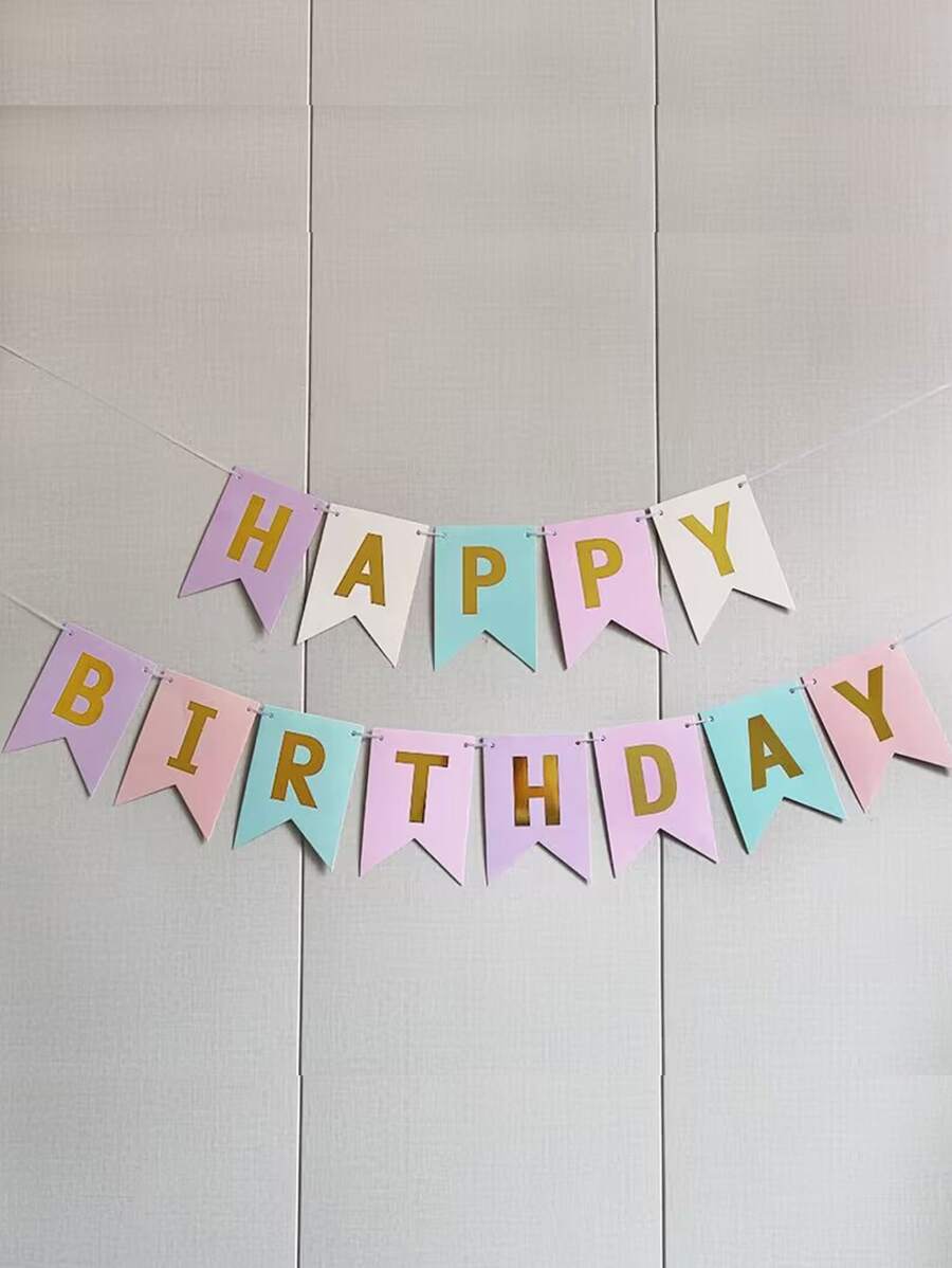 Pastel Birthday Banner with Shimmering Gold Letters, Happy Birthday ...