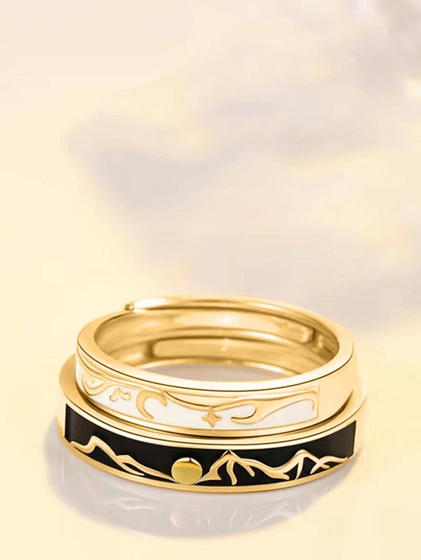 Adjustable 2-in-1 Sun & Moon Shaped Promise Ring With Opening, Silver ...