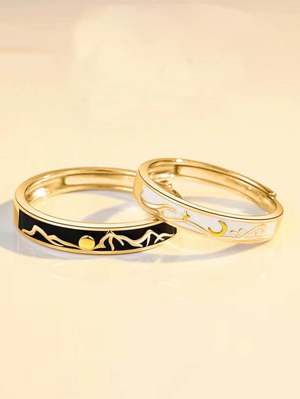 Adjustable 2-in-1 Sun & Moon Shaped Promise Ring With Opening, Silver ...