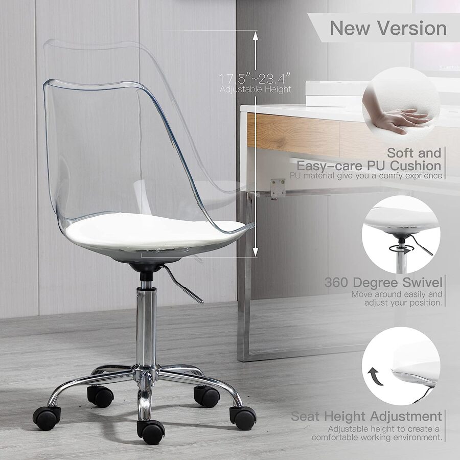 HOMEFUN Acrylic Clear Desk Chair, Modern Small Cute Armless Vanity ...