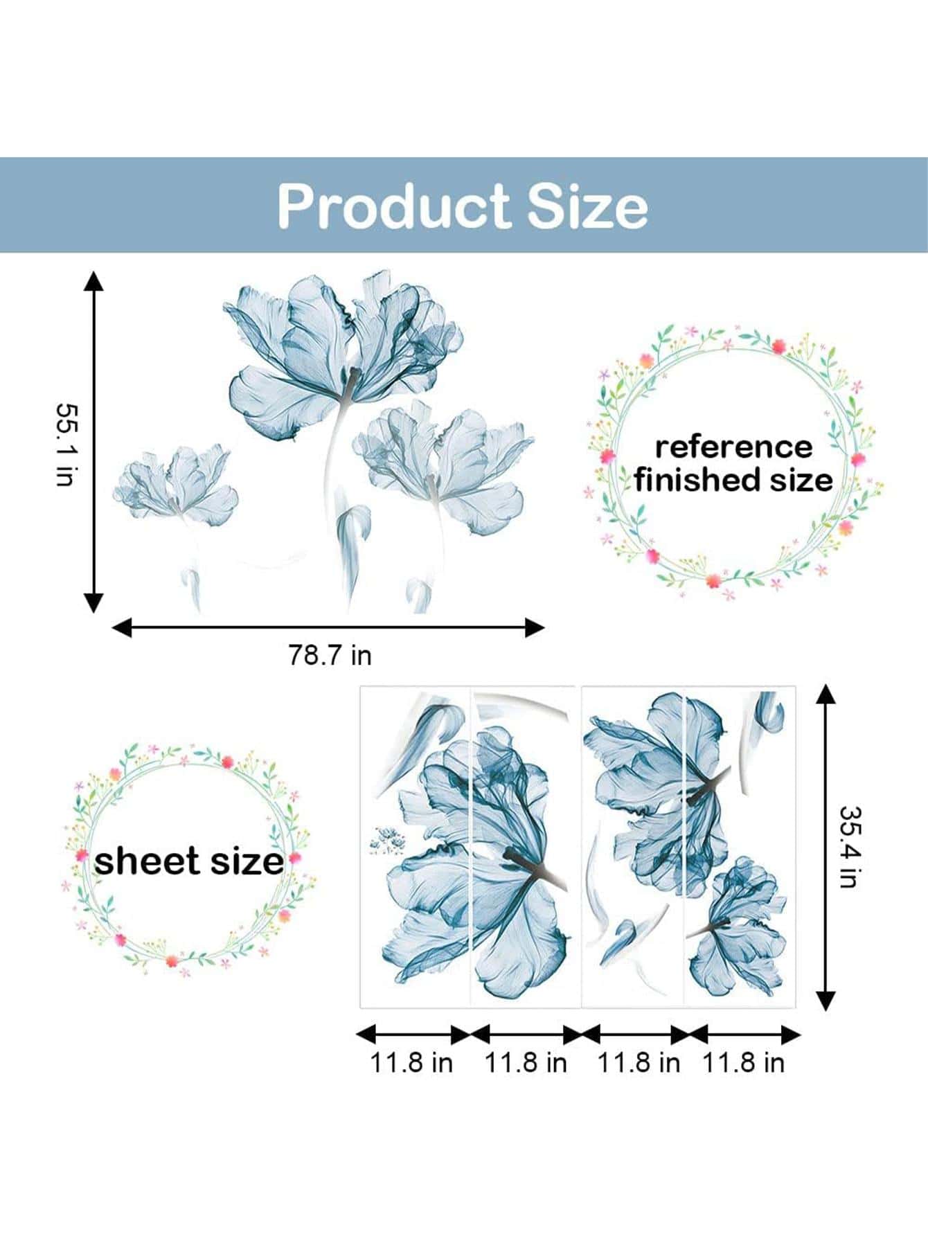 Light Blue Flower Wall Sticker Large Blue Floral Wall Decal Lotus ...