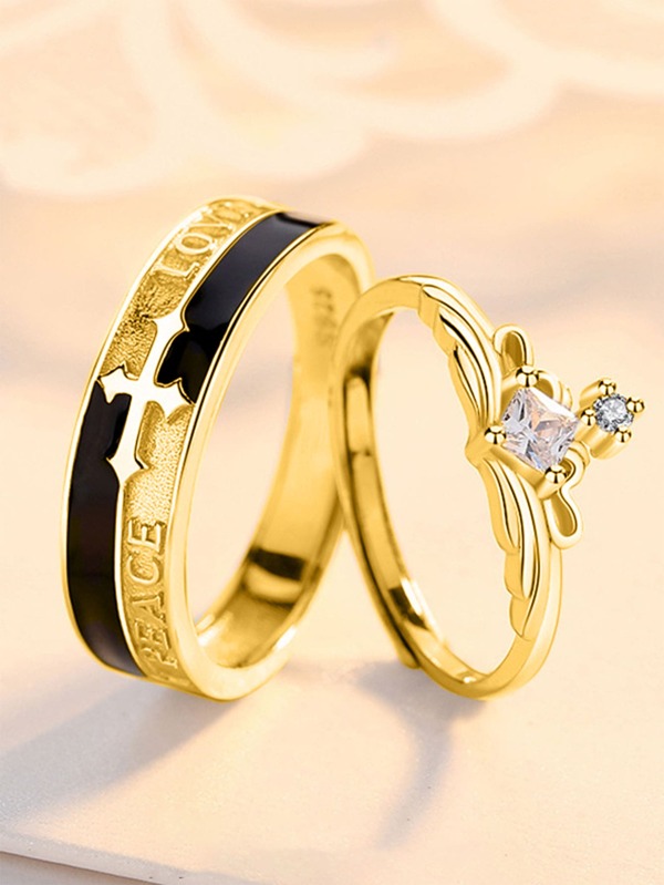2pcs Couple Rings With Crown & Cross Decoration, Inlaid With Rhinestone ...