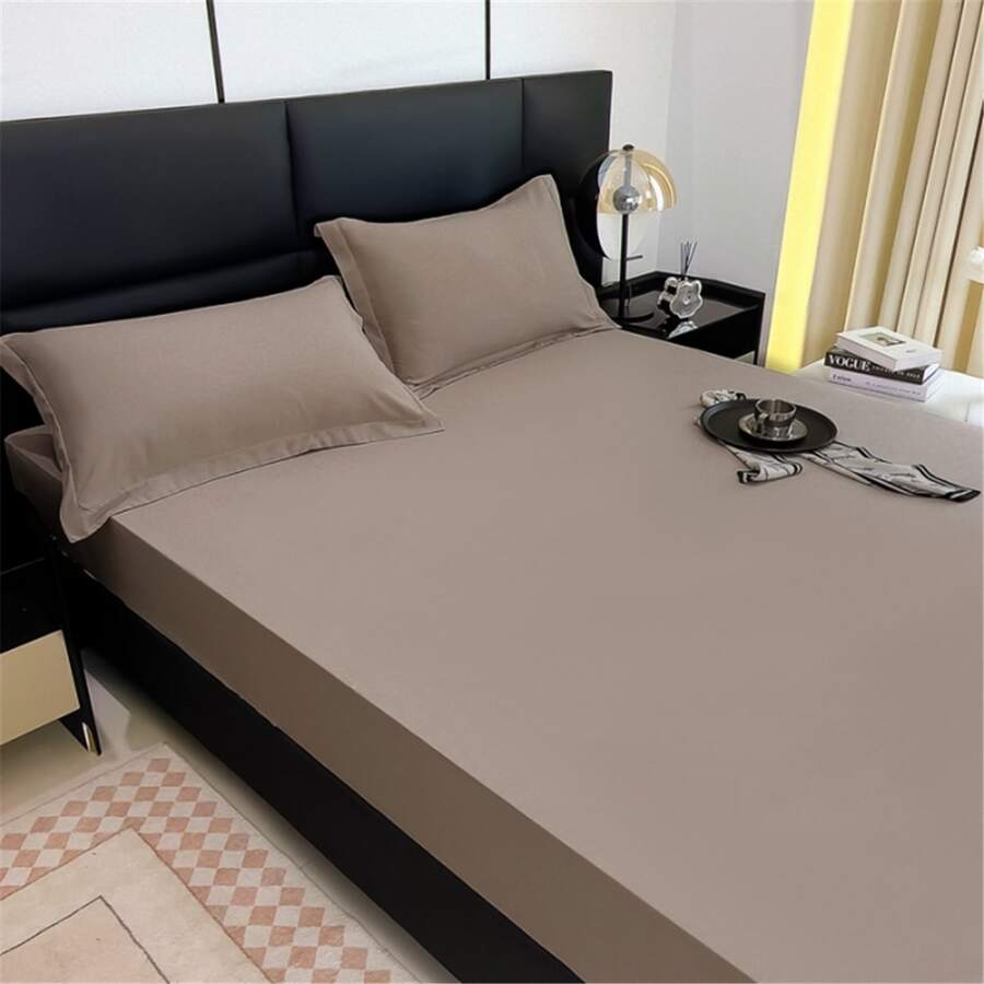 Khaki Solid Color Fitted Sheet, Single Piece Polyester | SHEIN Singapore
