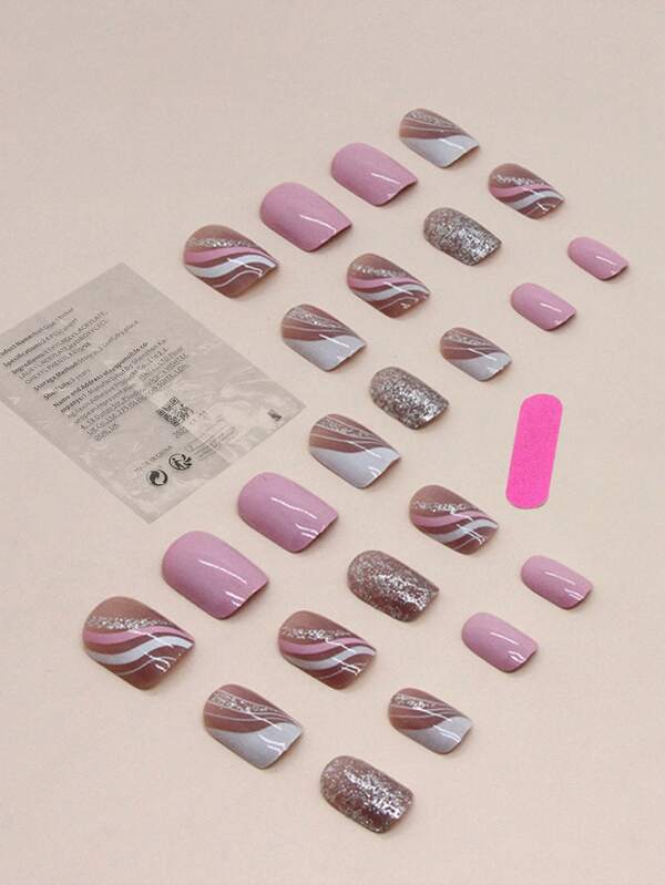 24pcs Short Square Shaped Cartoon Pattern False Nails With 1 Nail File ...