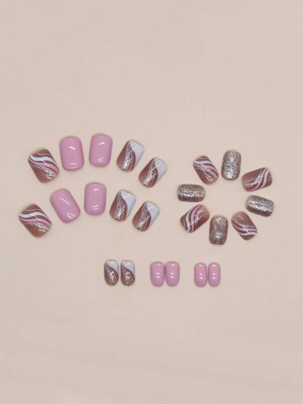 24pcs Short Square Shaped Cartoon Pattern False Nails With 1 Nail File ...