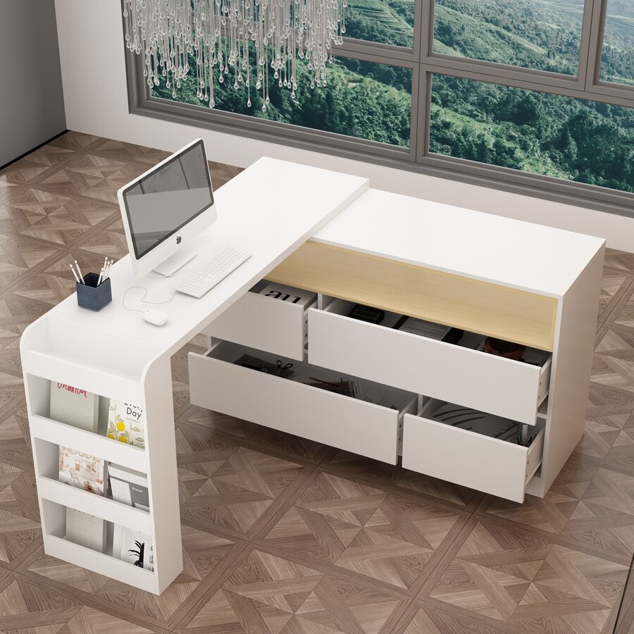 L-Shaped Desk, Office Desk with 4 Drawers & Shelves, Computer Desk ...