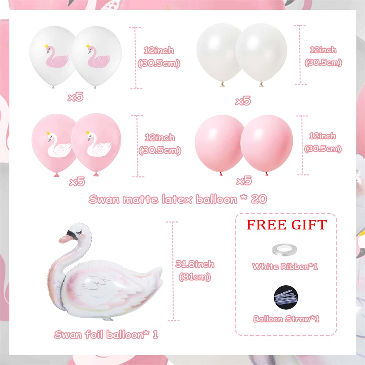21 Pcs Swan Princess Balloons, Pink And White Latex Balloons And White ...