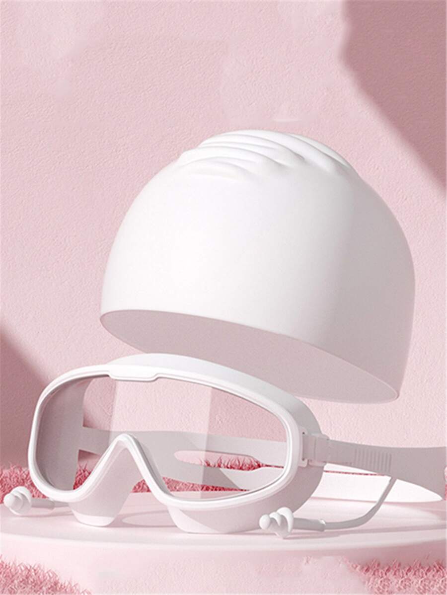 2pcs White Swimming Goggles & Swim Cap Set, Waterproof, Anti-fog, Hd ...