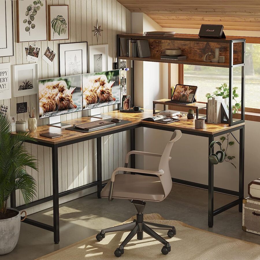 L-Shaped Desk with Hutch,59" Corner Computer Desk,Home Office Gaming ...