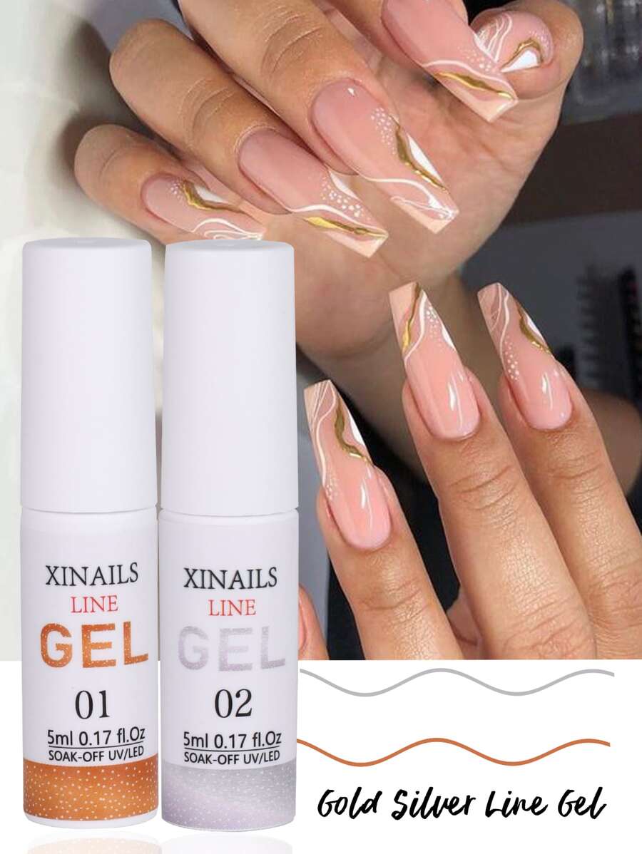 5ml Line Gel Nail Polish Set, Metallic Gold Silver Painted Gel Polish ...