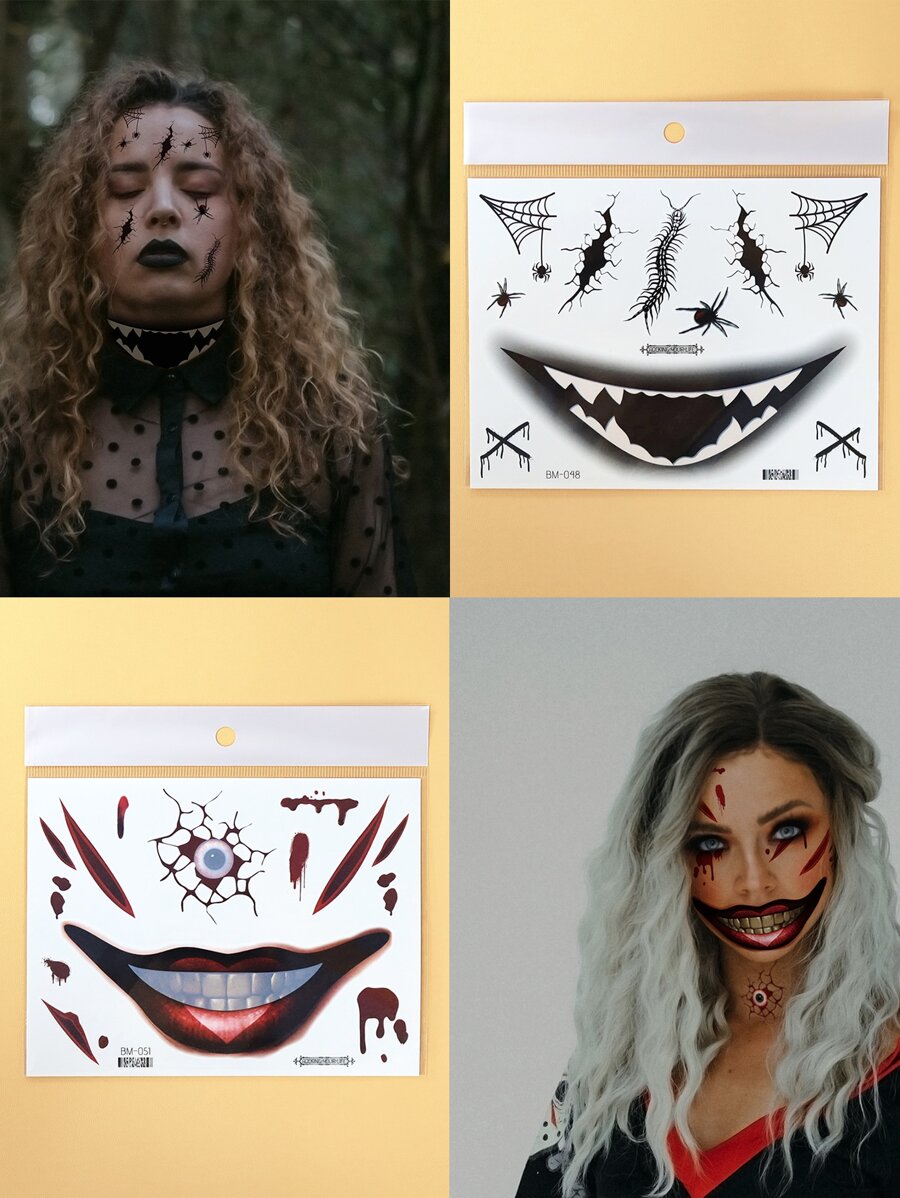 6 Pcs Halloween Horror Face Stickers - Bloody Mouths, Caterpillars ...