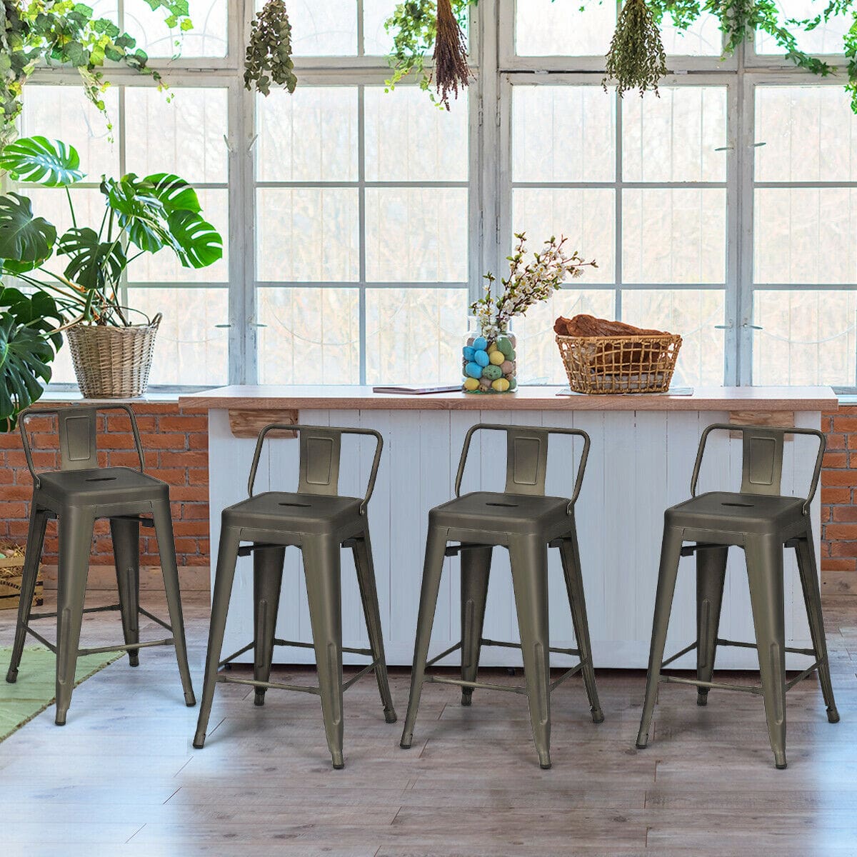 Costway Set of 4 Low Back Metal Counter Stool 24'' Seat Height ...
