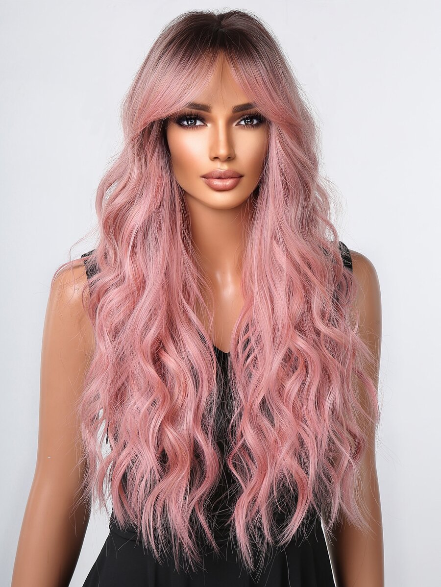 Long Wavy Synthetic Wig 28 Inch Ombre Pink Wigs For Women Middle Part ...