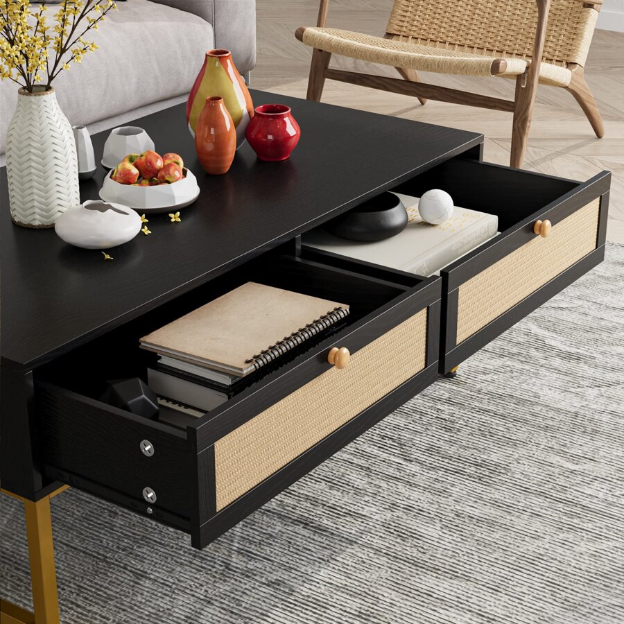 Coffee Table with 2 Drawers Storage, Wooden Center Table with Metal ...