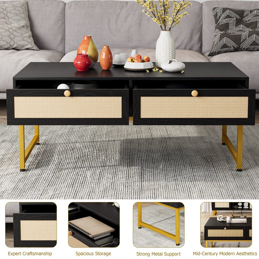 Coffee Table with 2 Drawers Storage, Wooden Center Table with Metal ...