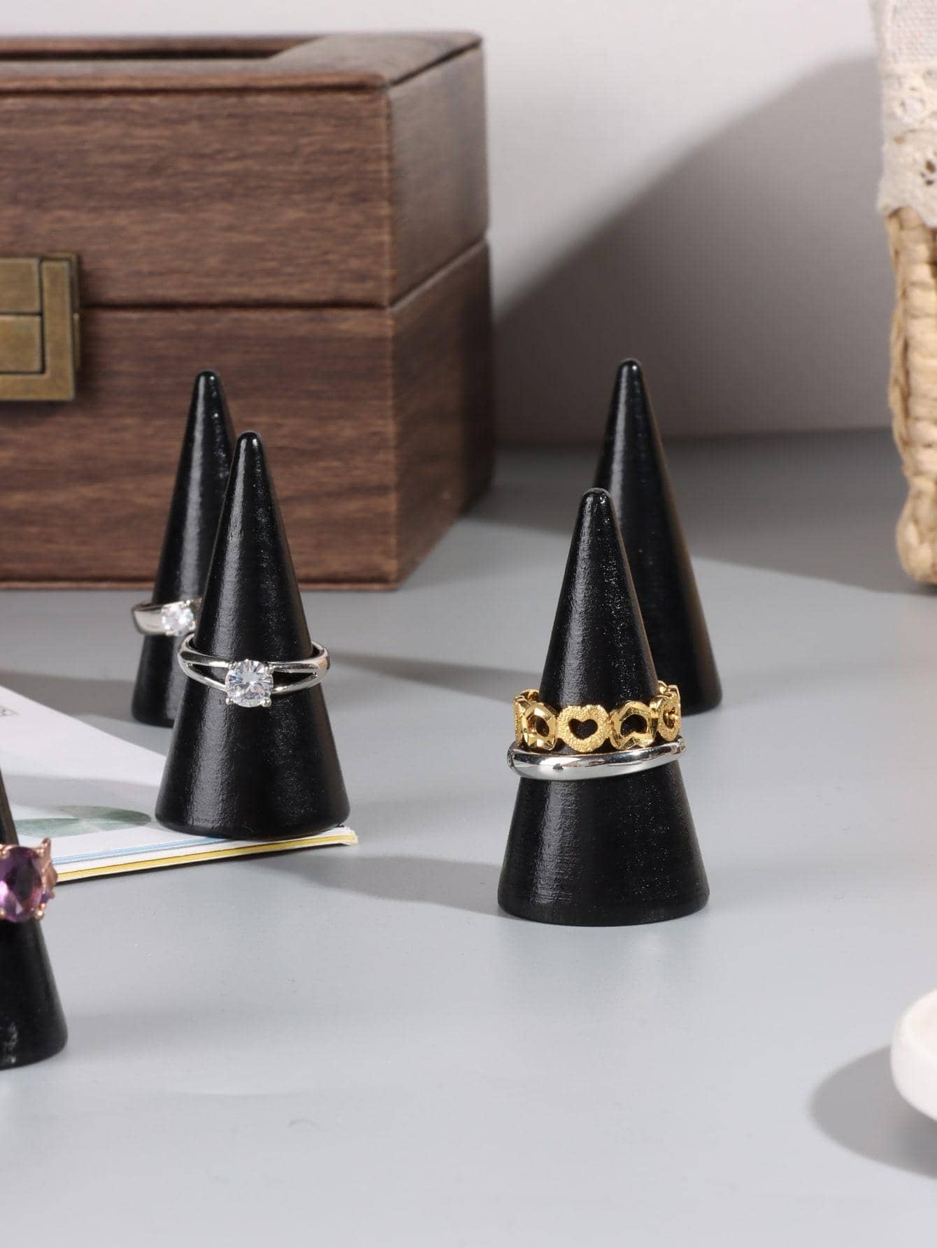 1pc Simple Black Wood Cone Shaped Ring Display Stand For Daily Jewelry ...