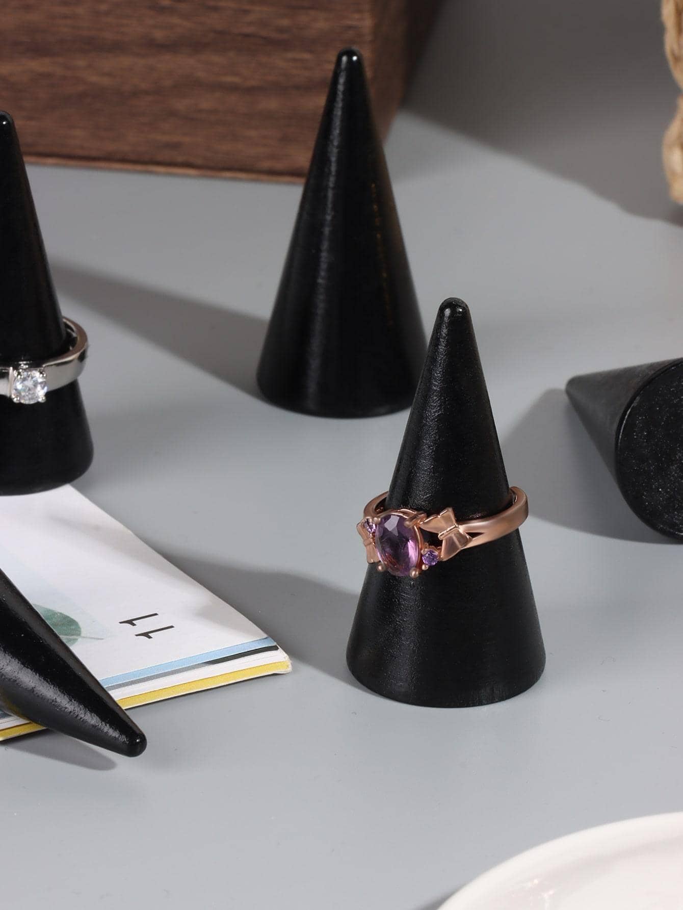 1pc Simple Black Wood Cone Shaped Ring Display Stand For Daily Jewelry ...