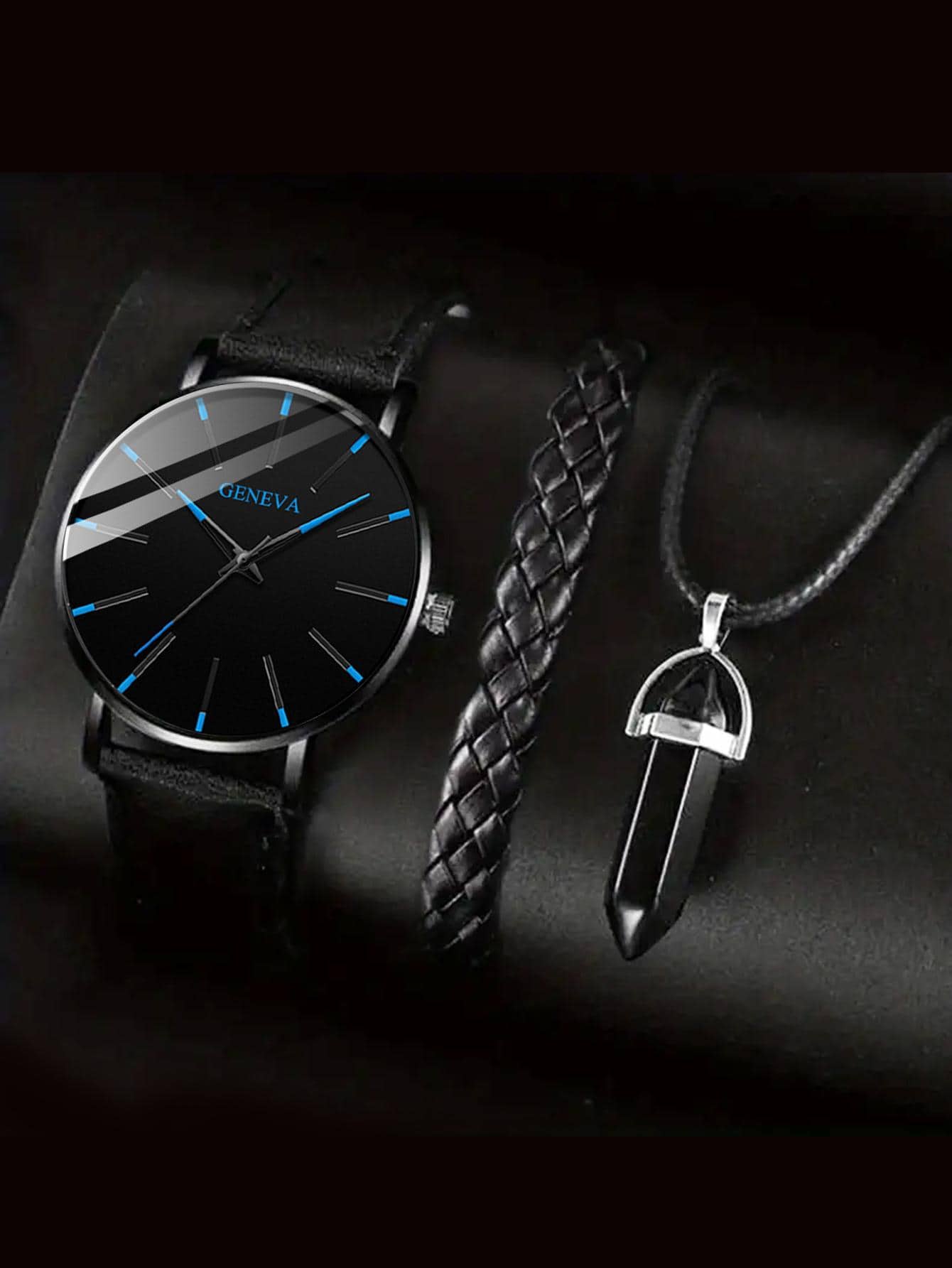 1pc Boys PU Polyurethane Strap Round Dial Quartz Watch & 2pcs Jewelry ...