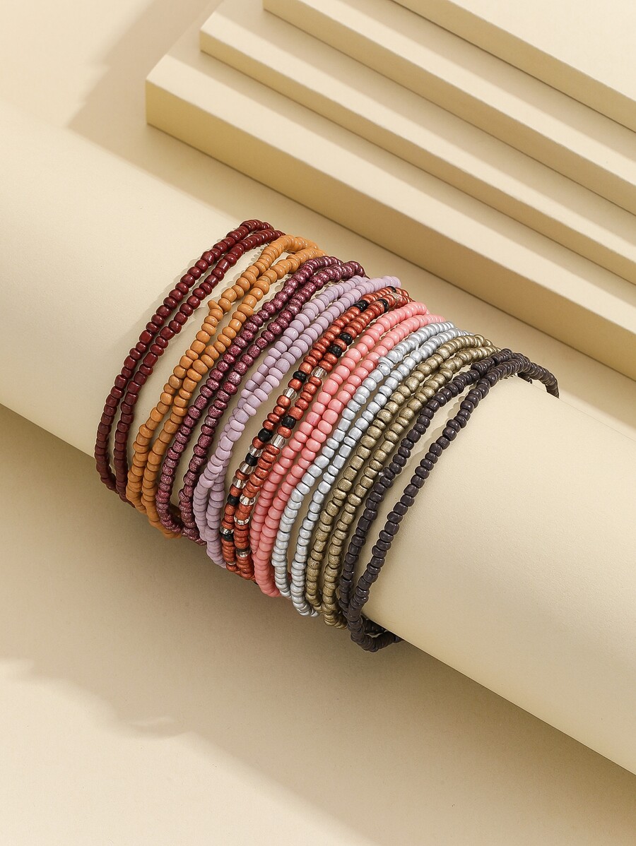18pcs Multicolor Elastic String Beaded Bracelet & Anklet Set With ...