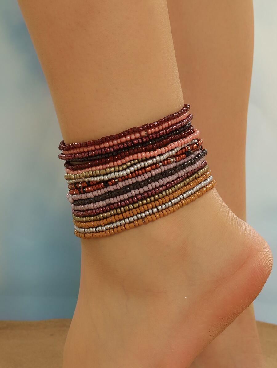 18pcs Multicolor Elastic String Beaded Bracelet & Anklet Set With Adjustable Size For Girls ...