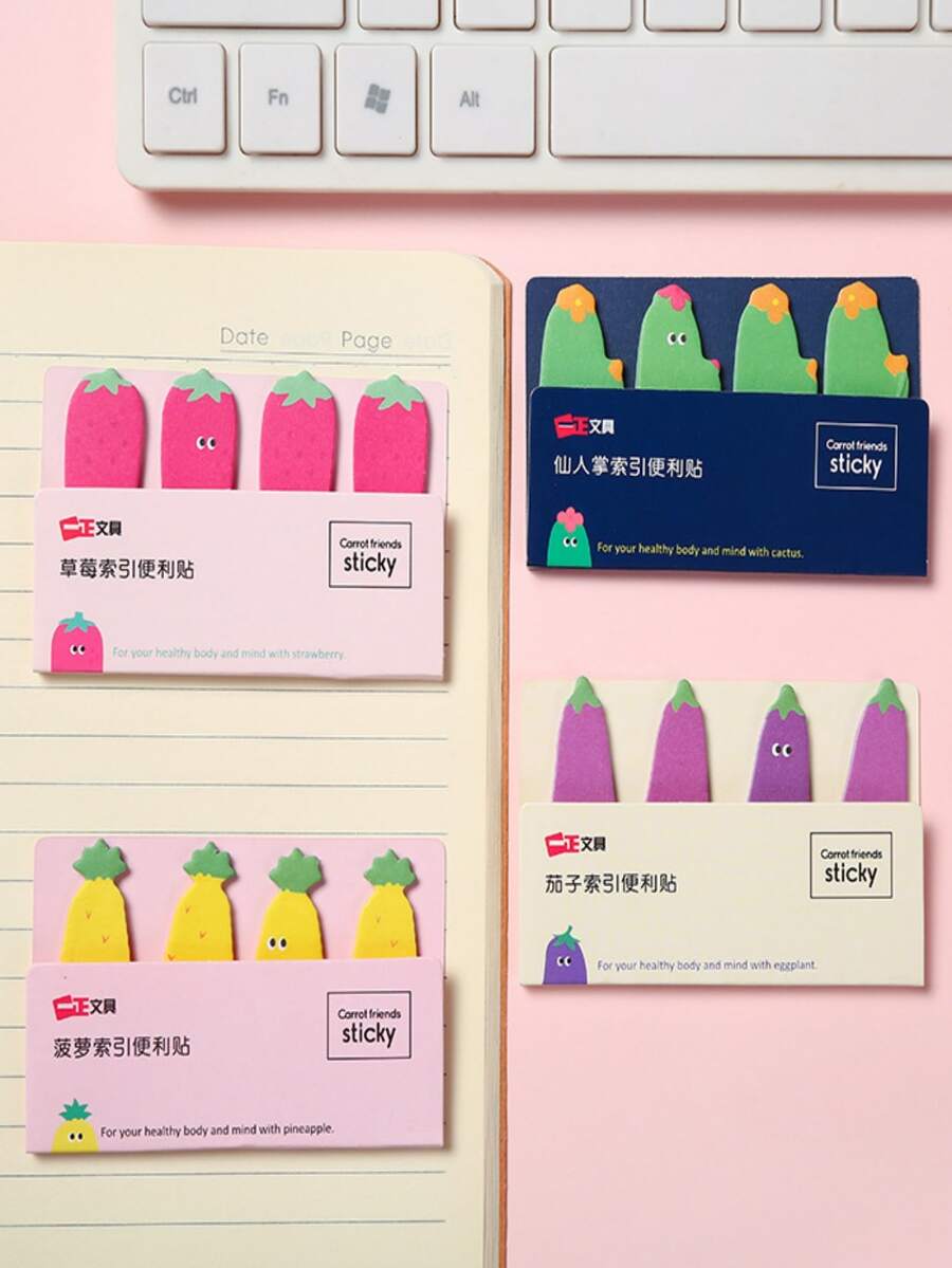 4 Books Vegetable & Fruit Colorful Index Sticky Notes, Cute Cartoon ...