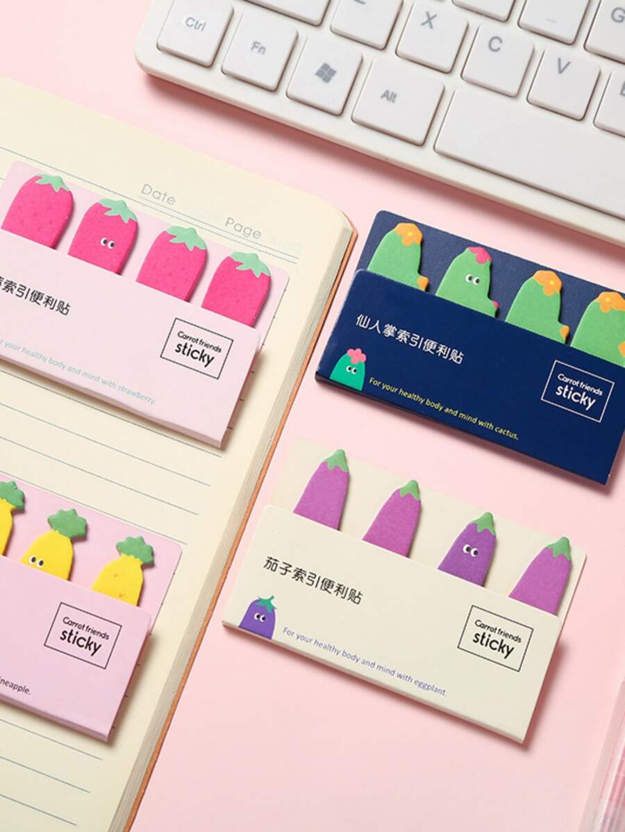 4 Books Vegetable & Fruit Colorful Index Sticky Notes, Cute Cartoon ...