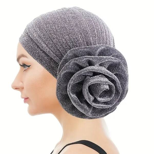 1PC Silver Glitter Flower Hijab Hat Elegant Women Hijab Fashion Hijab ...