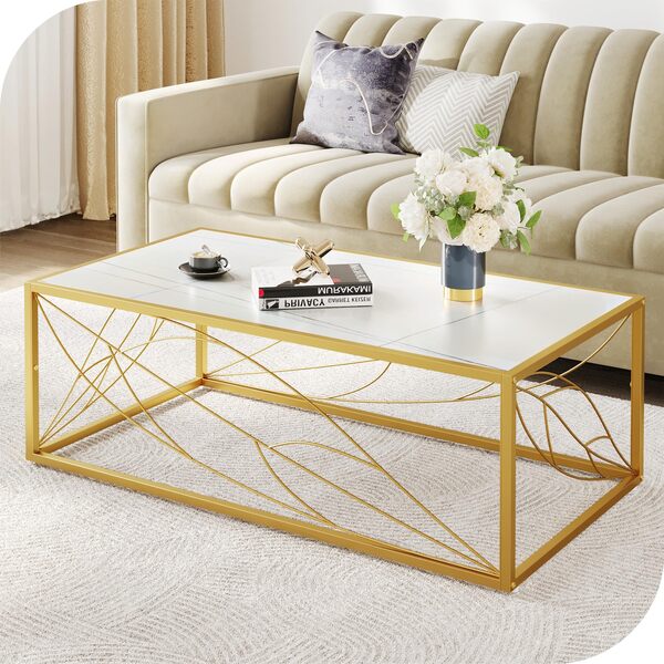 DWVO Modern Coffee Table Rectangular Metal Frame Marble Table Top Leaf ...