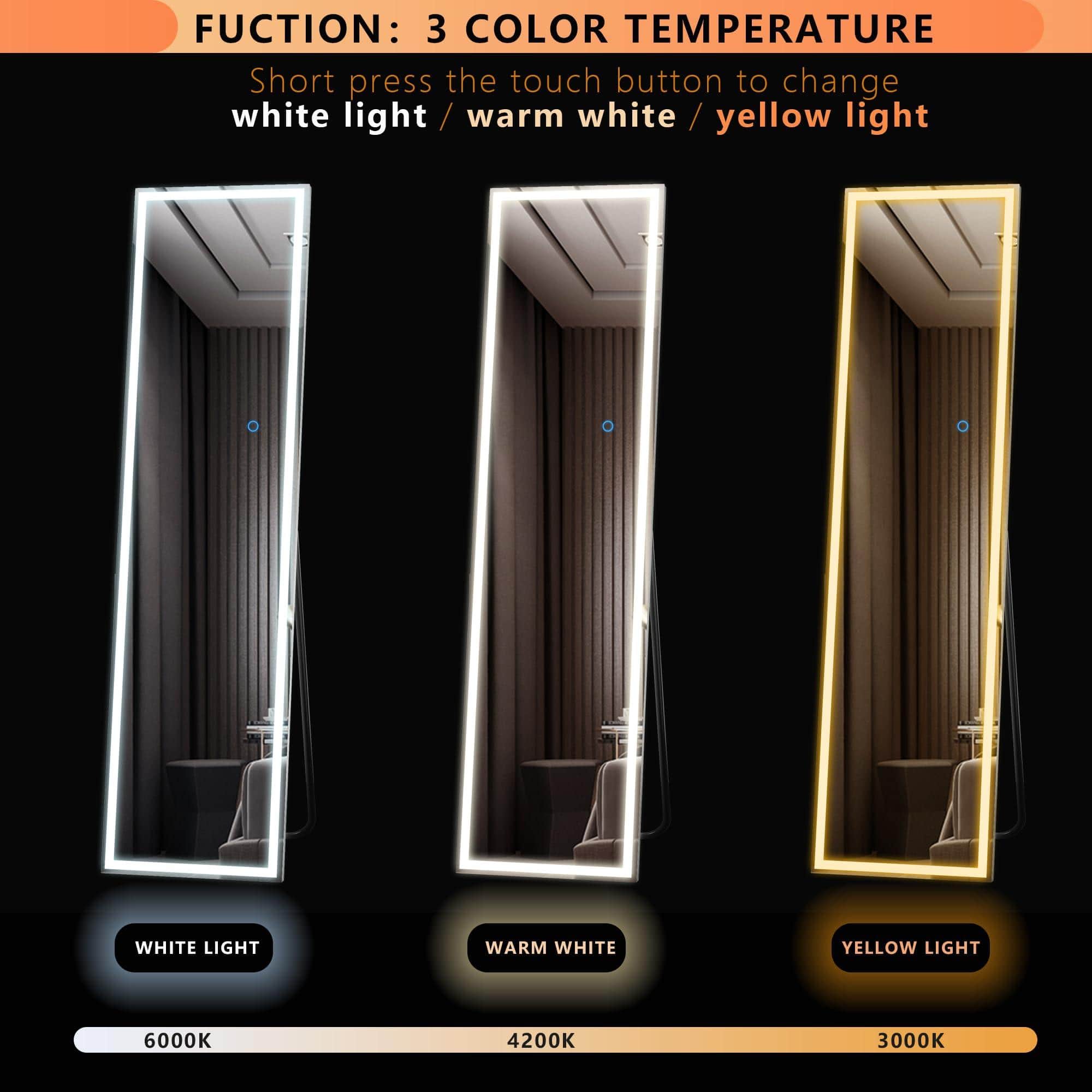 Full Length Mirror with LED Lights, Free Standing Tall Mirror, Lighted ...