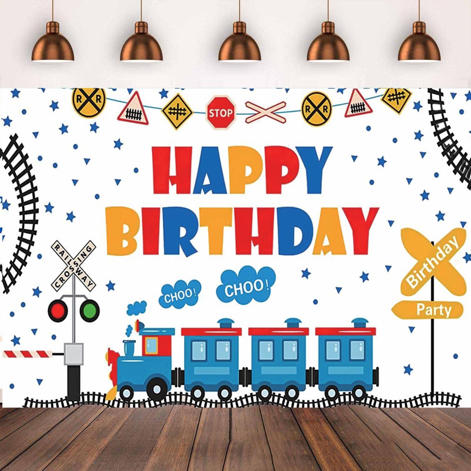 1pc Happy Birthday Cartoon Train & Track Theme Birthday Party Backdrop ...