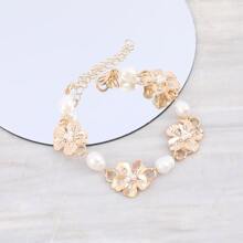 1pc Women's Simple & Fashionable Alloy Flower & Natural Pearl Decor ...