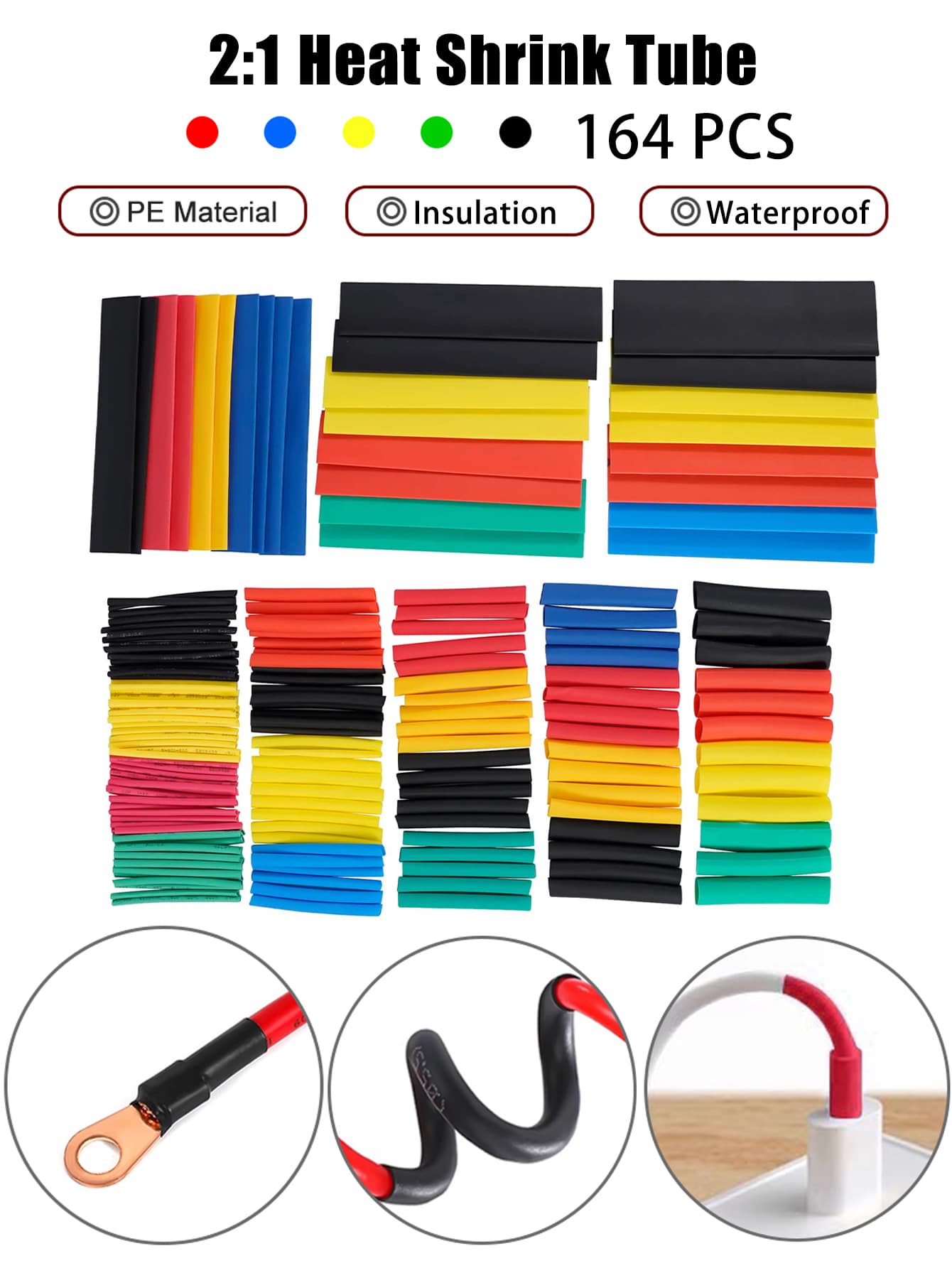 164PCS Heat Shrink Tubing 2:1, Electronic Electrical Wire Cable Wrap Assortment Electric ...