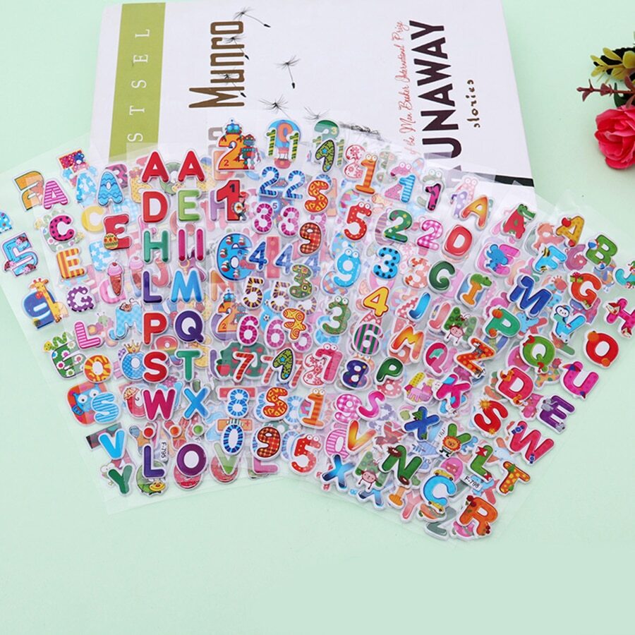 12 Sheets Digital & English Alphabet Bubble Stickers Cartoon DIY Diary ...