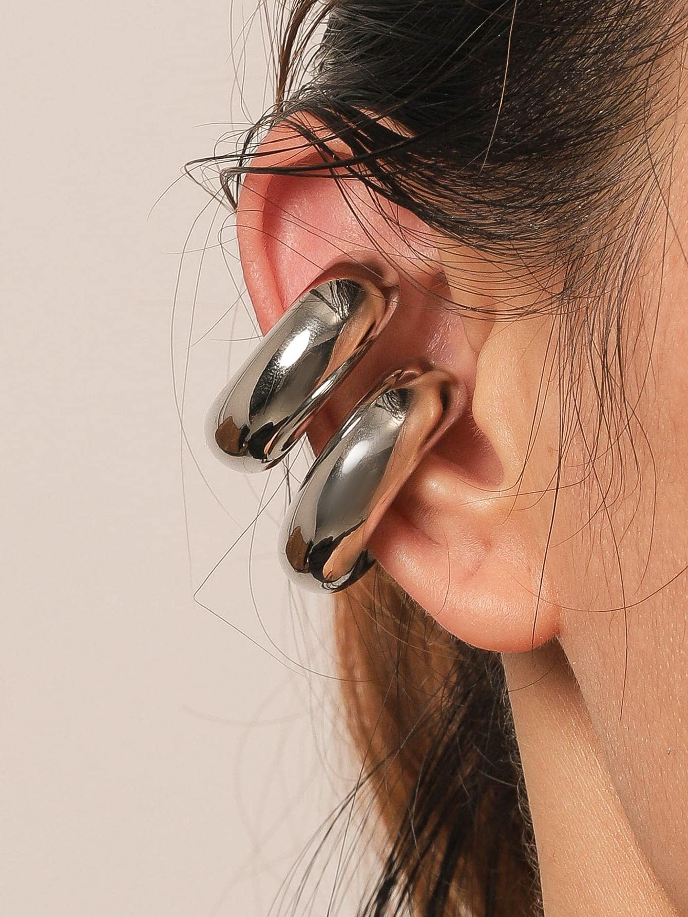 1pair everyday jewelry smooth stainless steel chunky hoop earcuff thick hollow statement ear ...