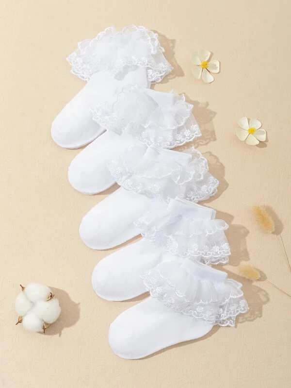 5 Pairs Children's White Thin Princess Lace Dance Double-lace Short ...