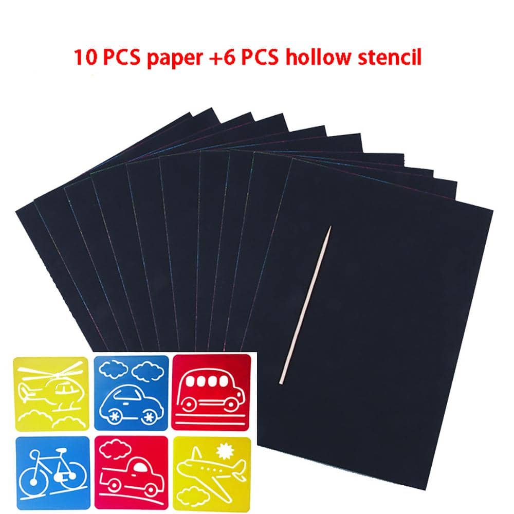 10 Sheets + 6 Traffic Stencils Black Rainbow Scratch Paper, Colorful ...