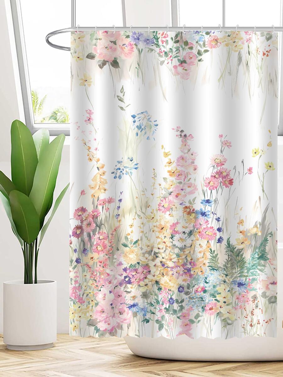 1pc Yellow & Pink Floral Print Shower Curtain, Modern Style Polyester ...